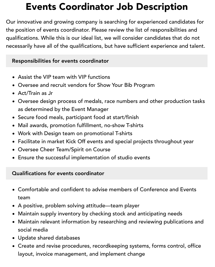 Events Coordinator Job Description Velvet Jobs