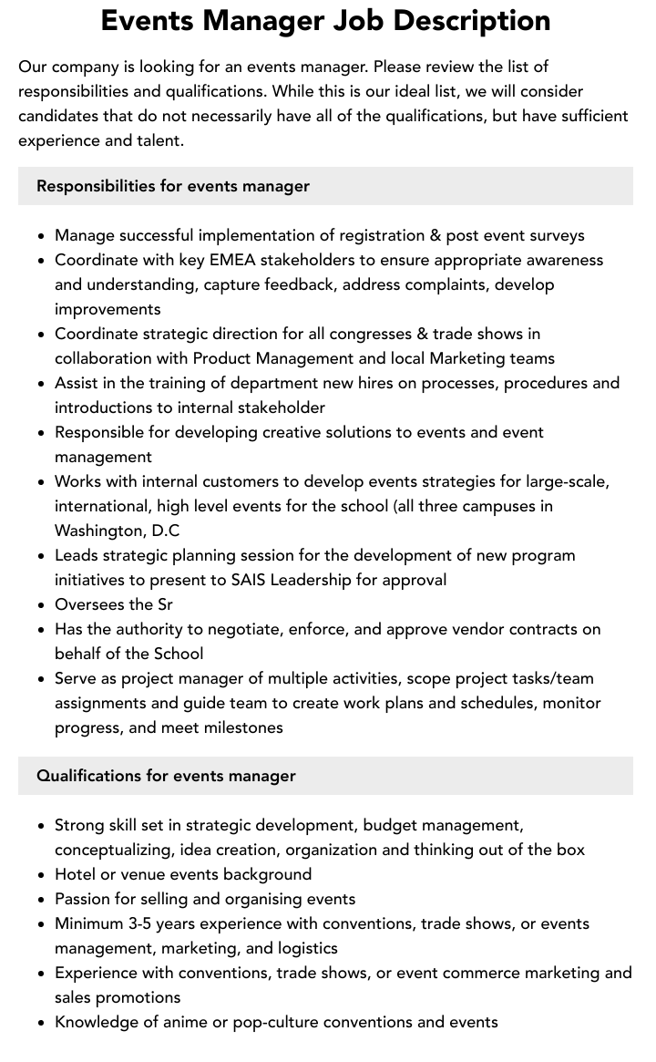 Events Manager Job Description Velvet Jobs