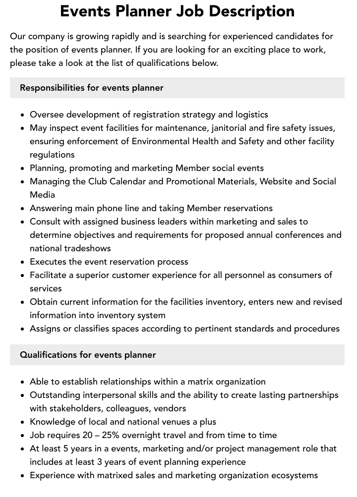 Events Planner Job Description Velvet Jobs