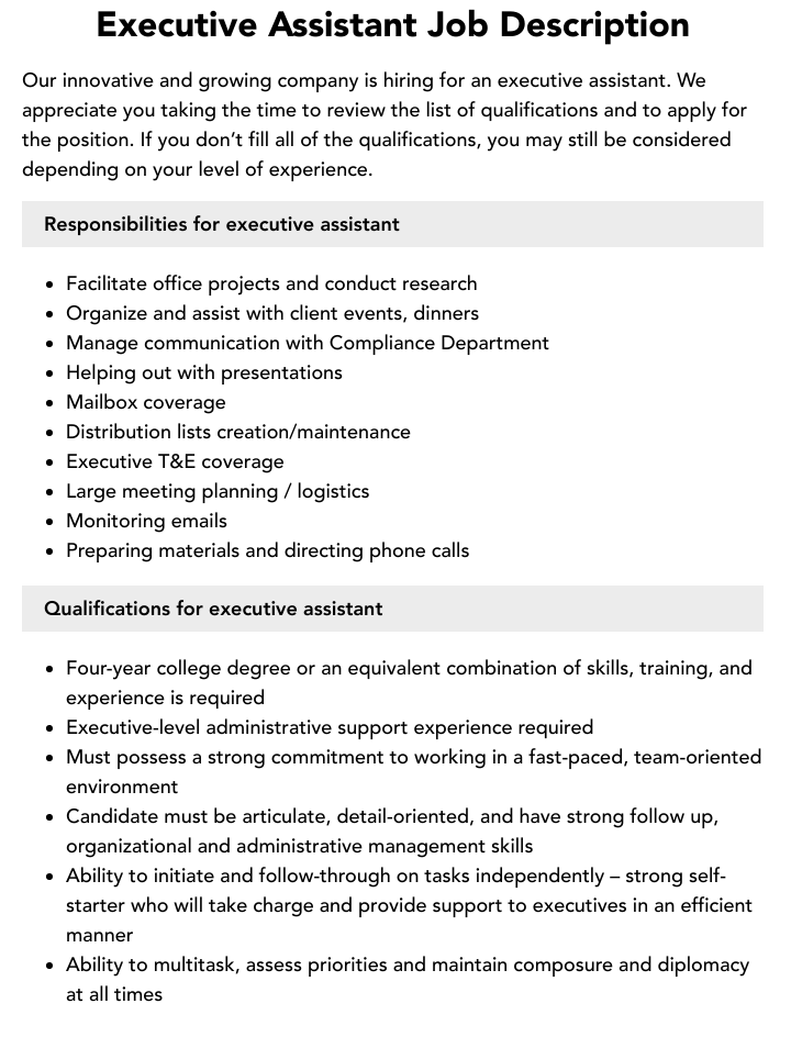 Executive Assistant Job Description Velvet Jobs