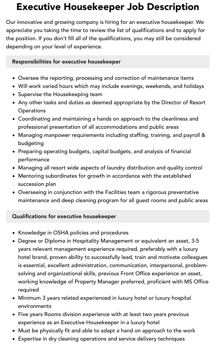 Executive Housekeeper Job Description Velvet Jobs