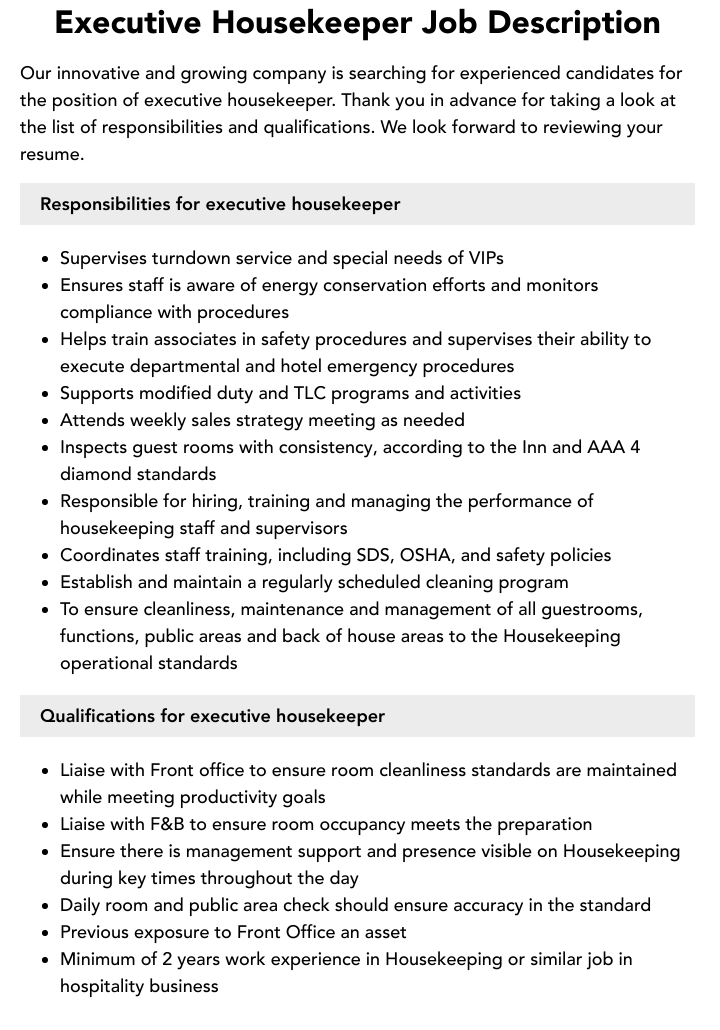 Executive Housekeeper Job Description Velvet Jobs