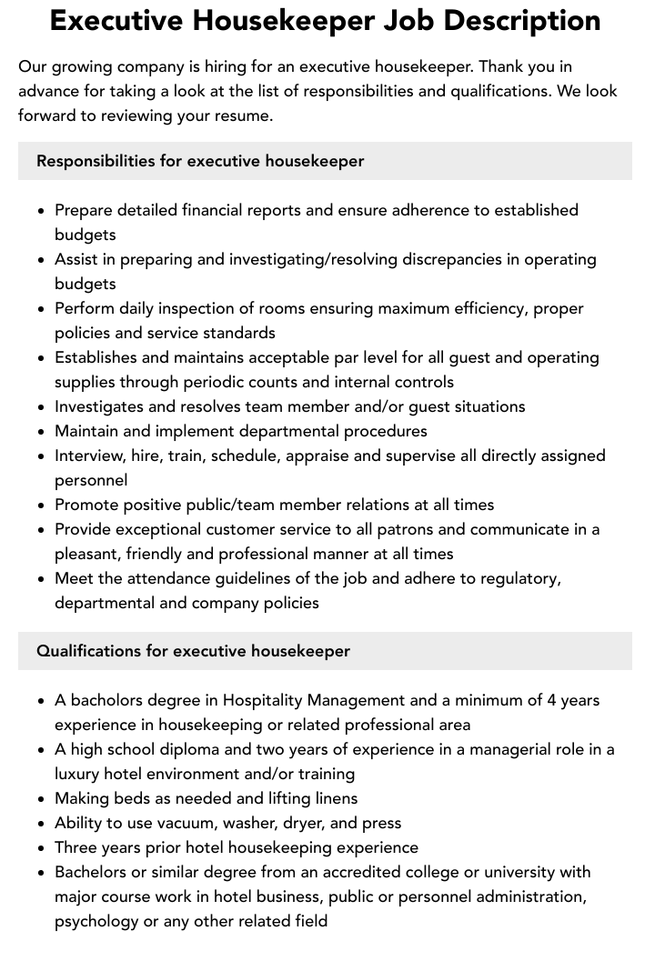 Executive Housekeeper Job Description Velvet Jobs