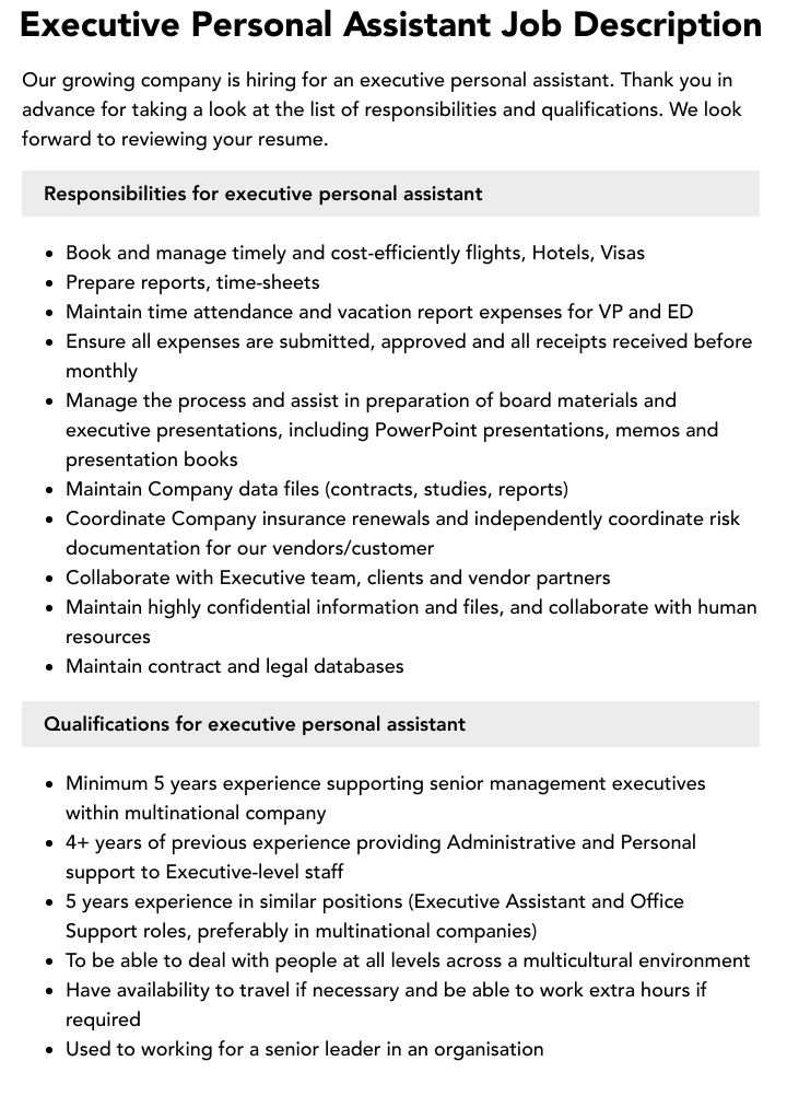 Executive Personal Assistant Job Description Velvet Jobs