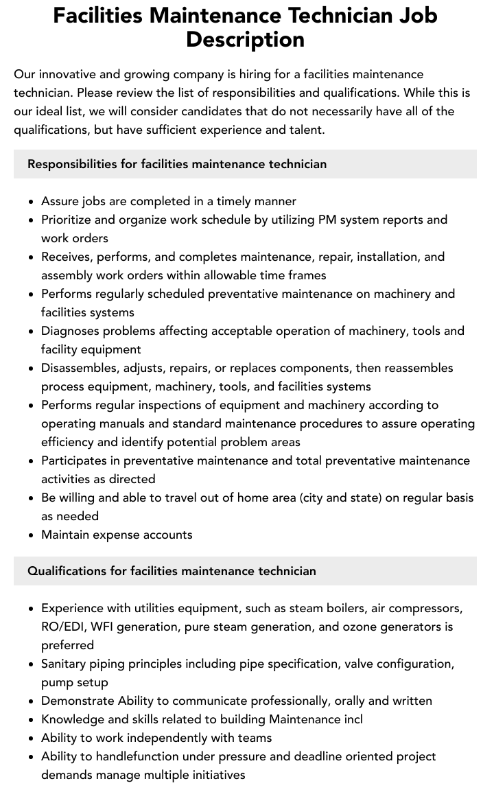 Facilities Maintenance Technician Job Description Velvet Jobs