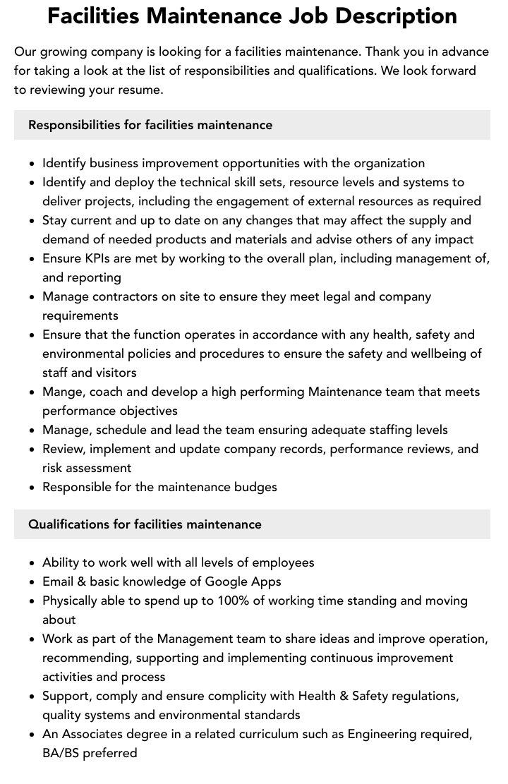 Facilities Maintenance Job Description Velvet Jobs