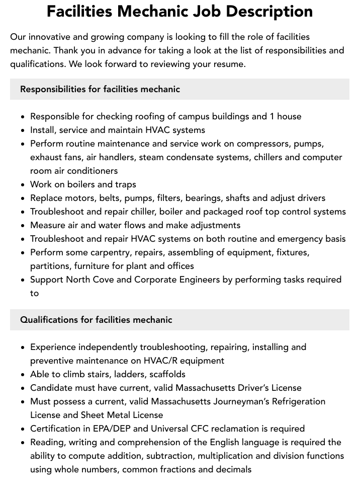 Facilities Mechanic Job Description Velvet Jobs