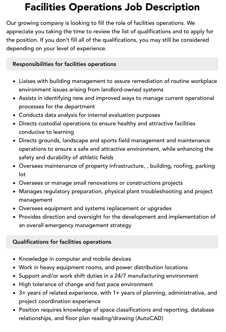 Facilities Operations Job Description Velvet Jobs