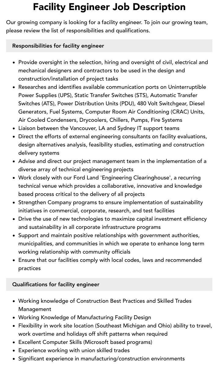 Facility Engineer Job Description Velvet Jobs