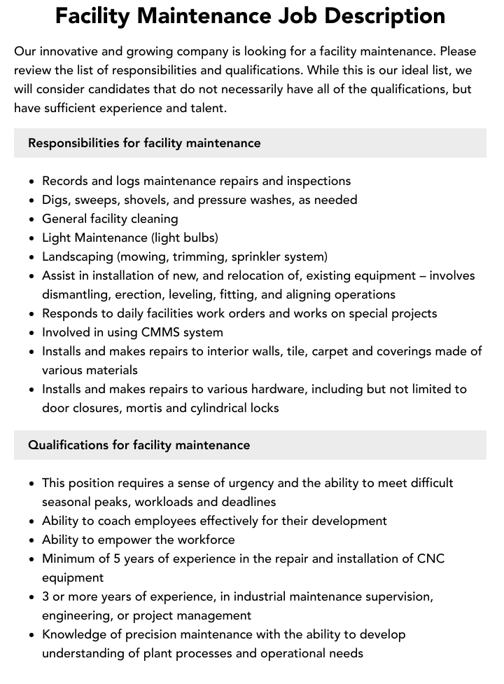 Facility Maintenance Job Description Velvet Jobs