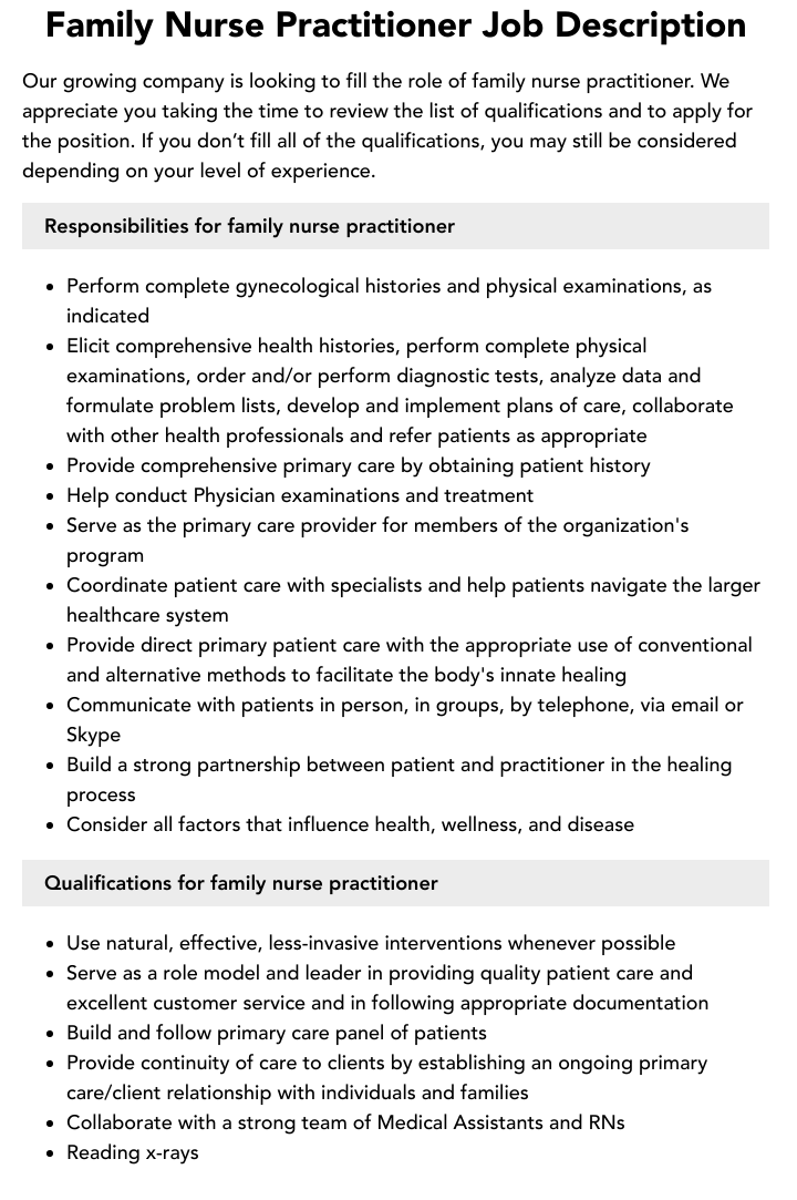 Family Nurse Practitioner Job Description Velvet Jobs Family Nurse Practitioner Job Description Velvet Jobs