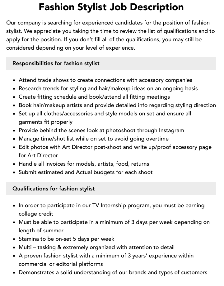 Fashion Stylist Job Description Velvet Jobs
