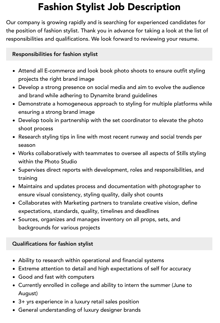 Fashion Stylist Job Description Velvet Jobs