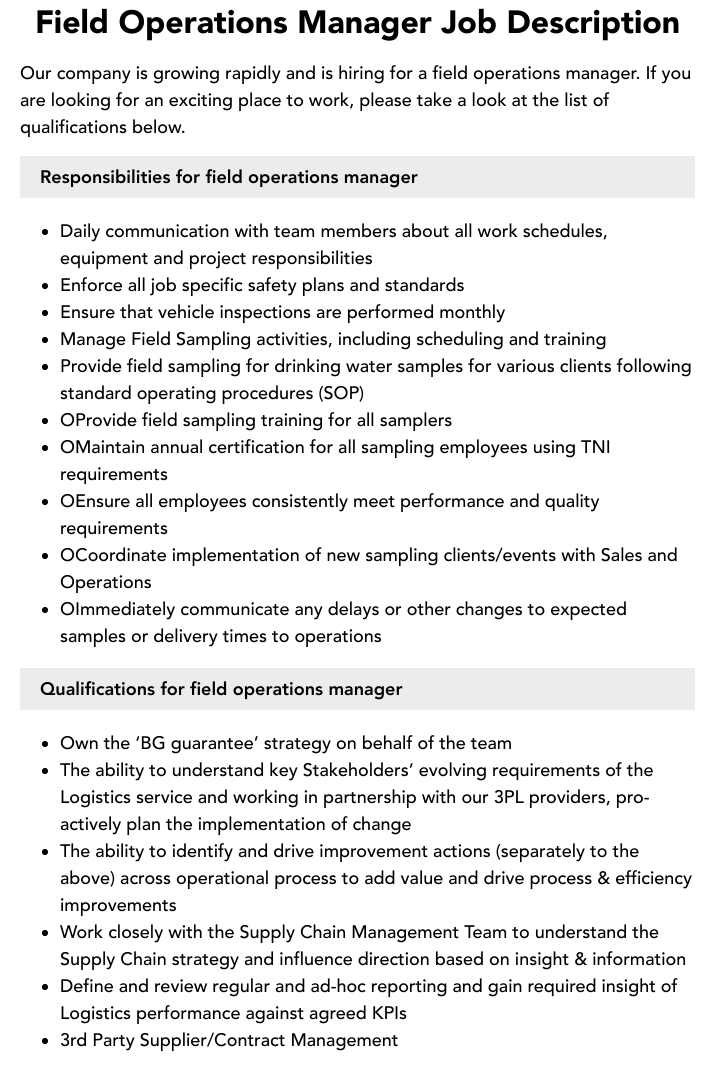 Field Operations Manager Job Description Velvet Jobs