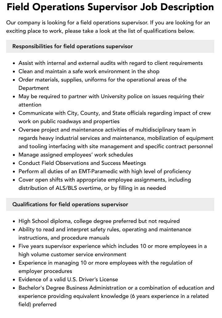 Field Operations Supervisor Job Description Velvet Jobs