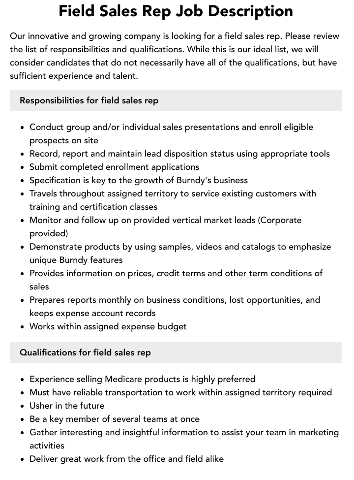 Field Sales Rep Job Description Velvet Jobs