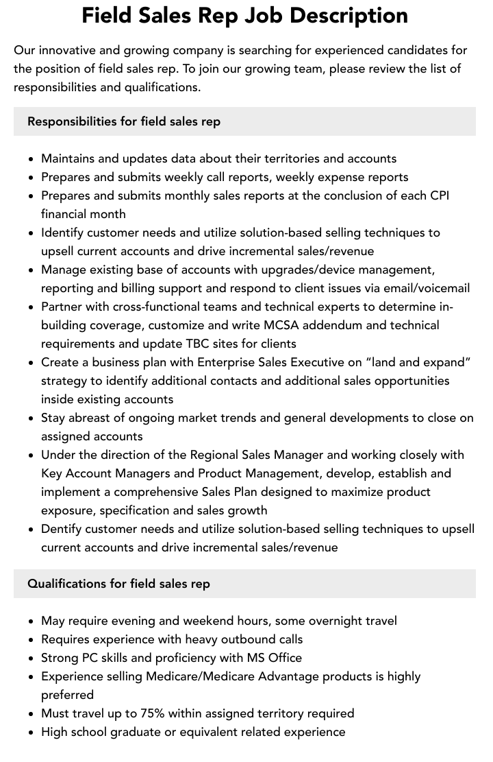 Field Sales Rep Job Description Velvet Jobs