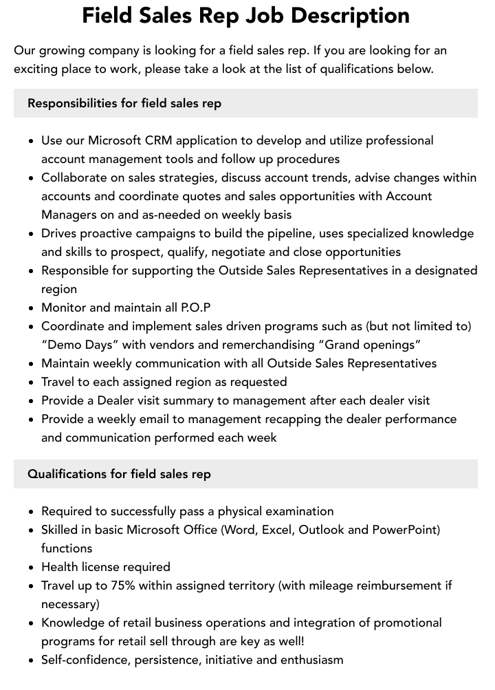 Field Sales Rep Job Description Velvet Jobs