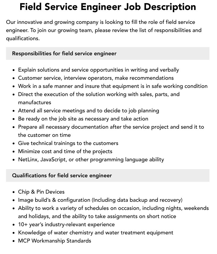 Field Service Engineer Job Description Velvet Jobs