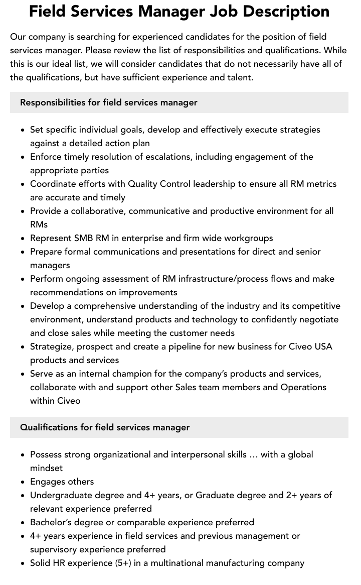 Field Services Manager Job Description Velvet Jobs