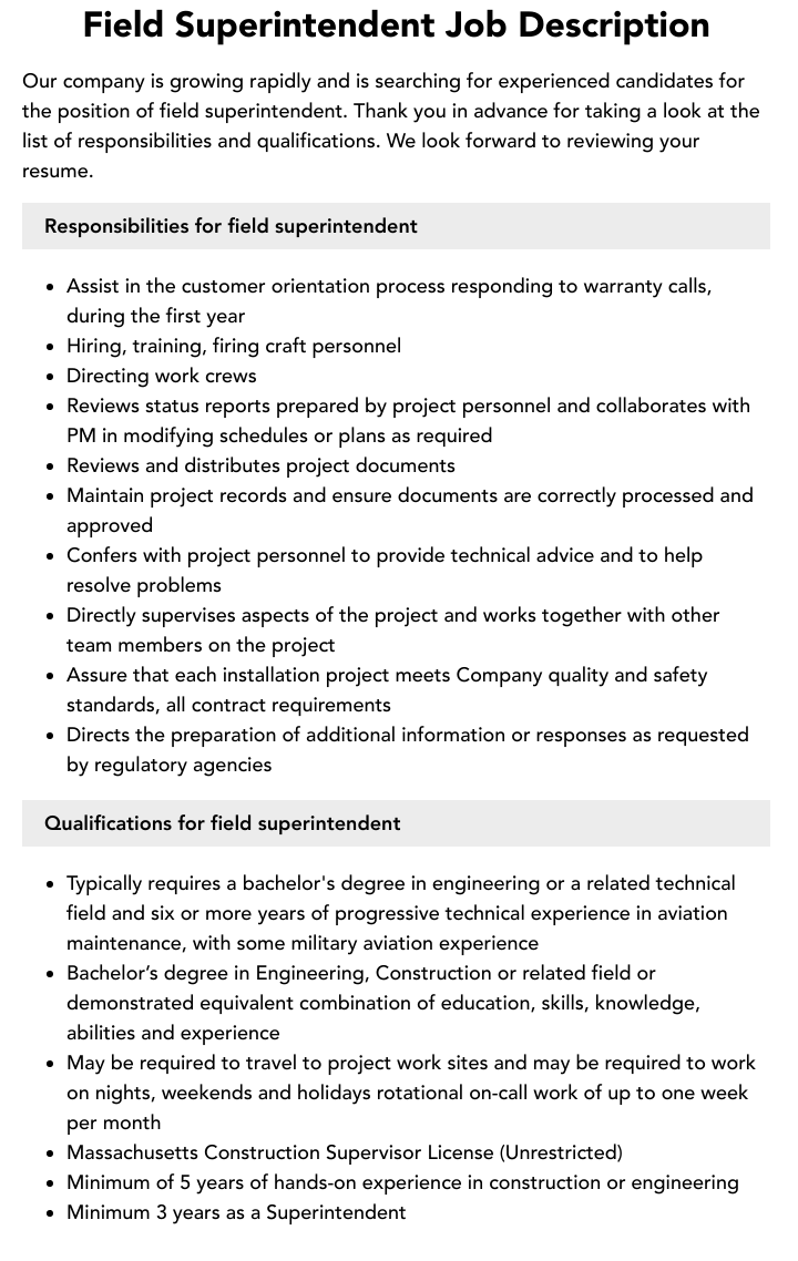 Field Superintendent Job Description Velvet Jobs