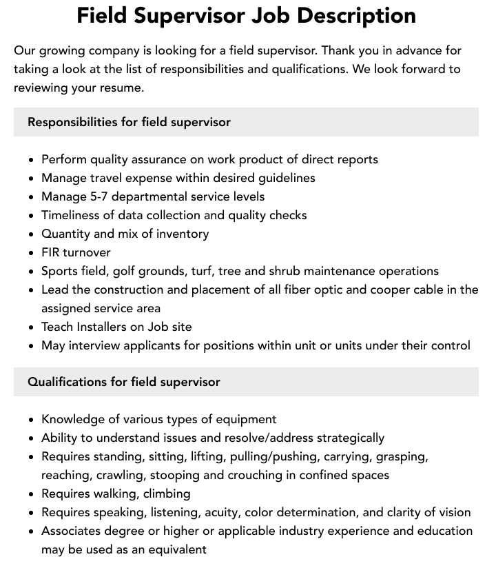 Field Supervisor Job Description Velvet Jobs