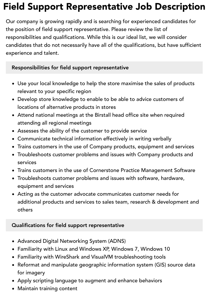 Field Support Representative Job Description Velvet Jobs Field Support Representative Job Description Velvet Jobs
