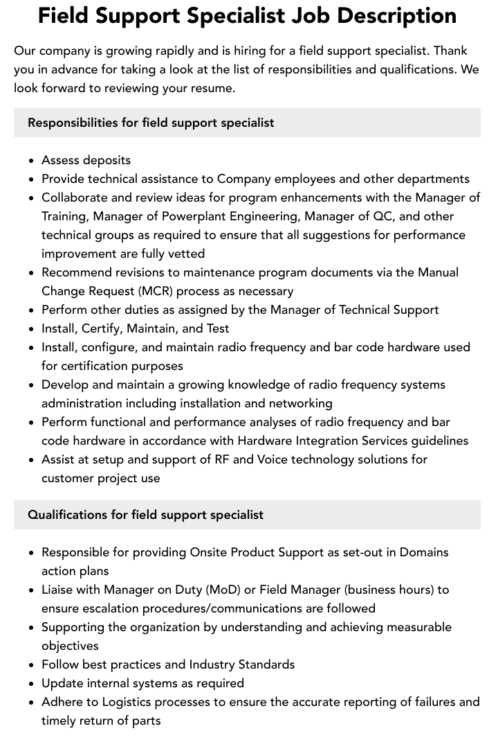 Field Support Specialist Job Description Velvet Jobs