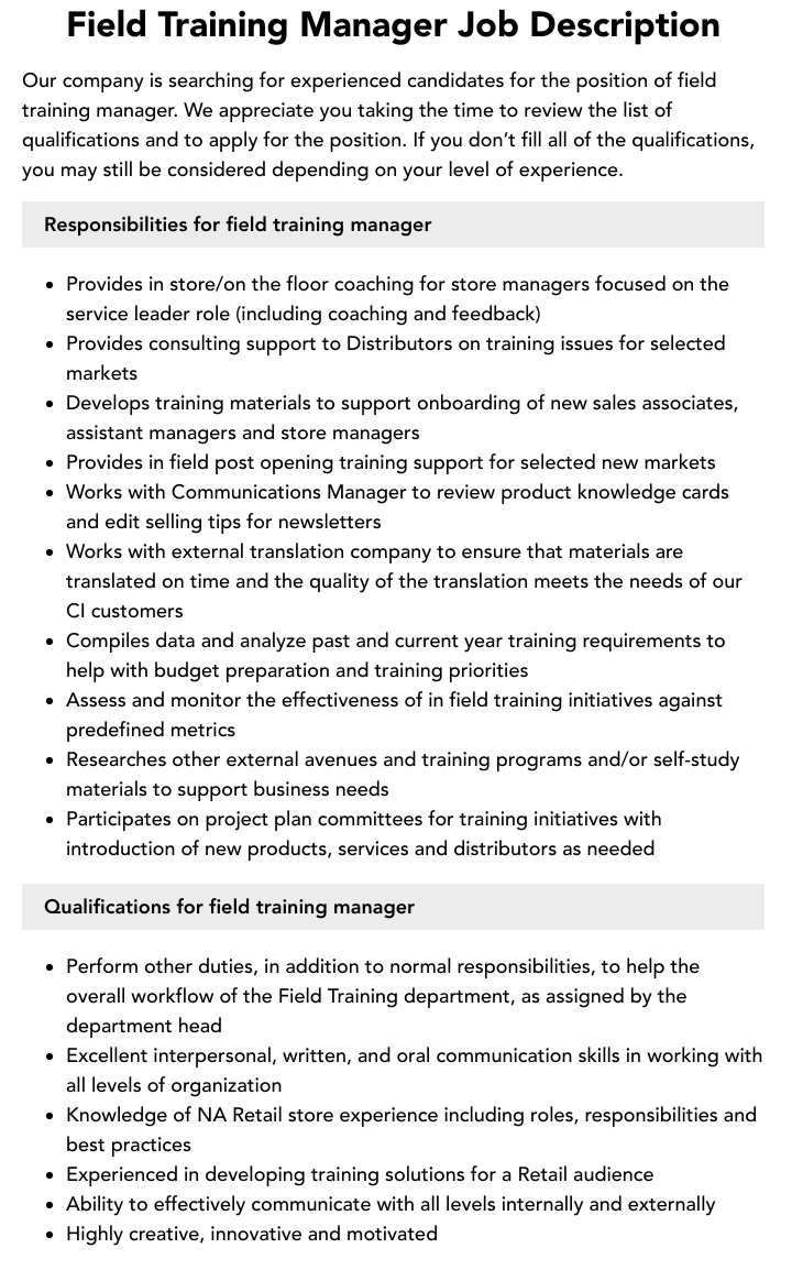 Field Training Manager Job Description Velvet Jobs