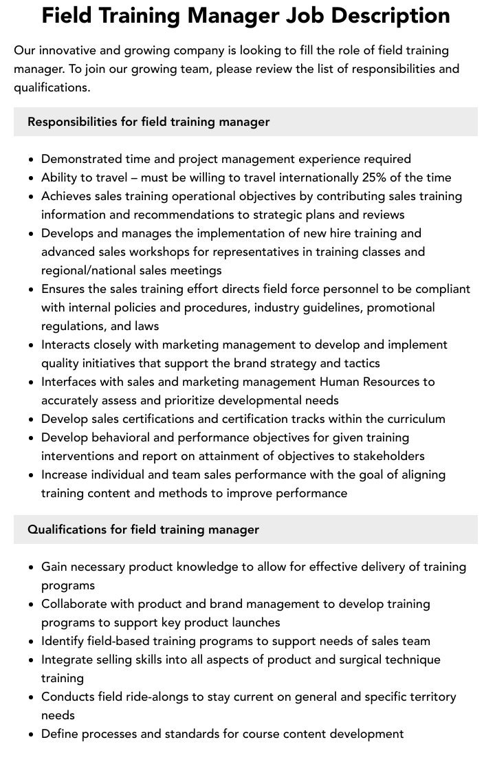 Field Training Manager Job Description Velvet Jobs