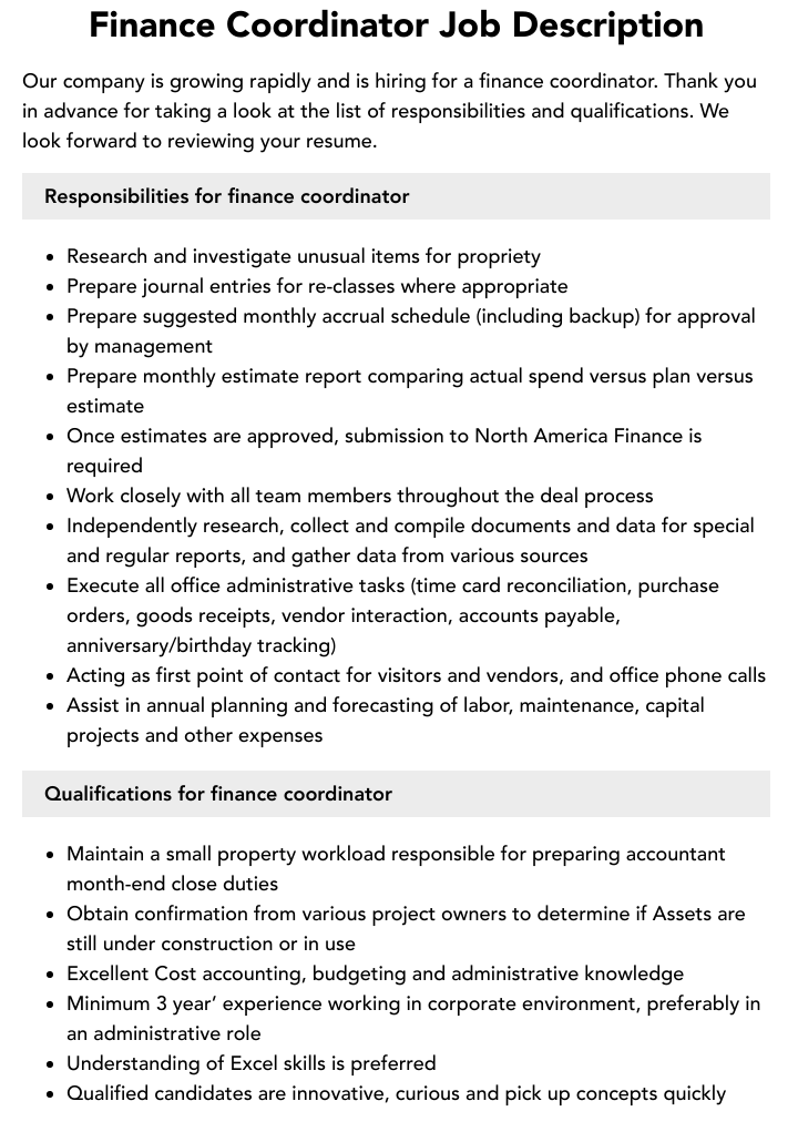 Finance Coordinator Job Description Velvet Jobs Finance Coordinator Job Description Velvet Jobs