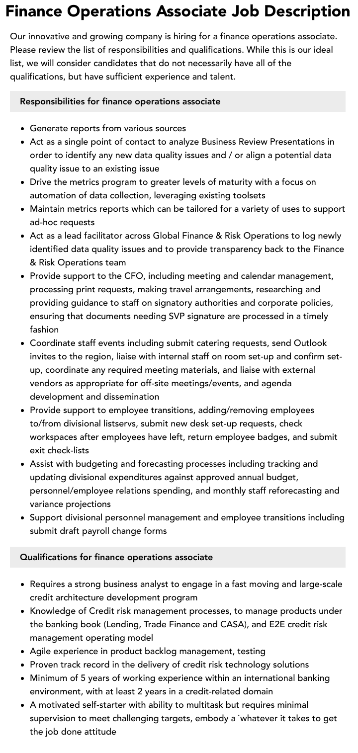 Finance Operations Associate Job Description Velvet Jobs