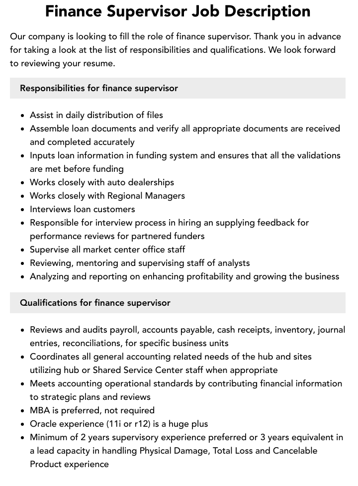 Finance Supervisor Job Description Velvet Jobs Finance Supervisor Job Description Velvet Jobs