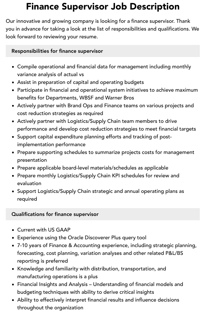 Finance Supervisor Job Description Velvet Jobs Finance Supervisor Job Description Velvet Jobs