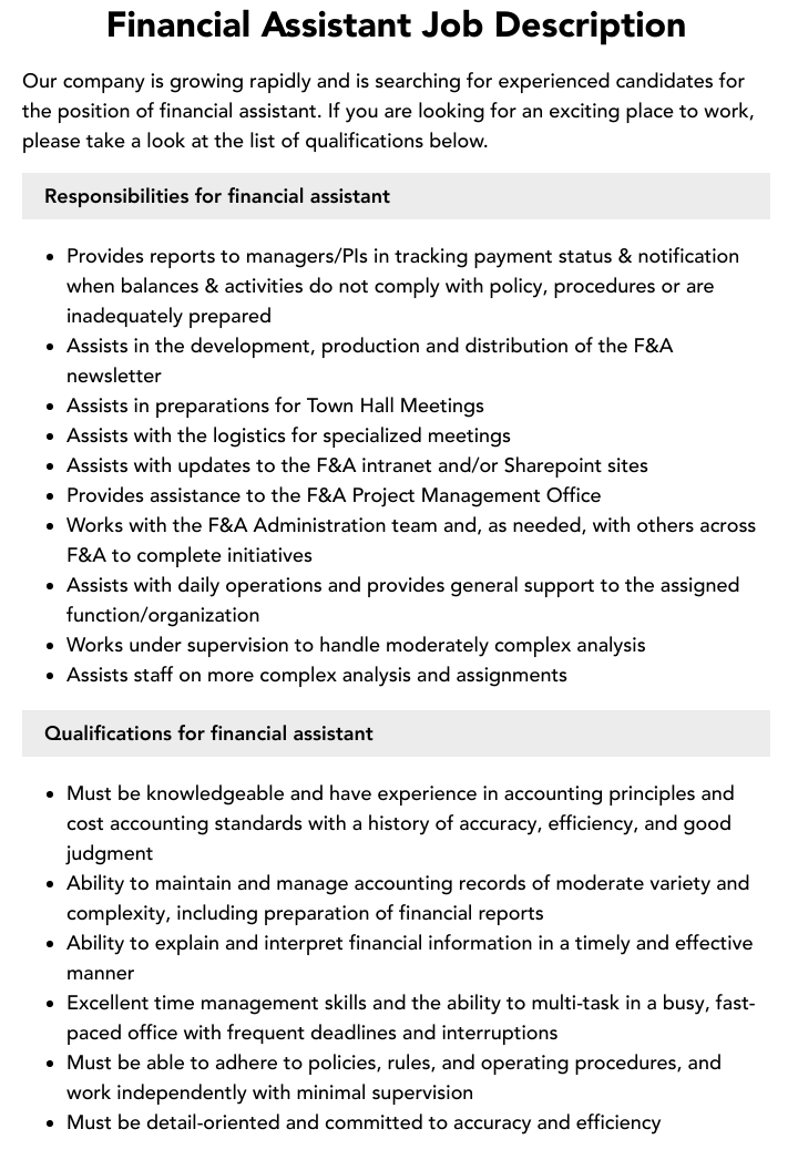 Financial Assistant Job Description Velvet Jobs Financial Assistant Job Description Velvet Jobs