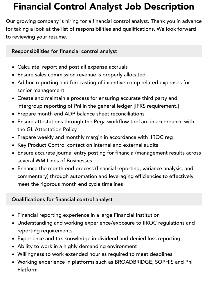 Financial Control Analyst Job Description Velvet Jobs Financial Control Analyst Job Description Velvet Jobs