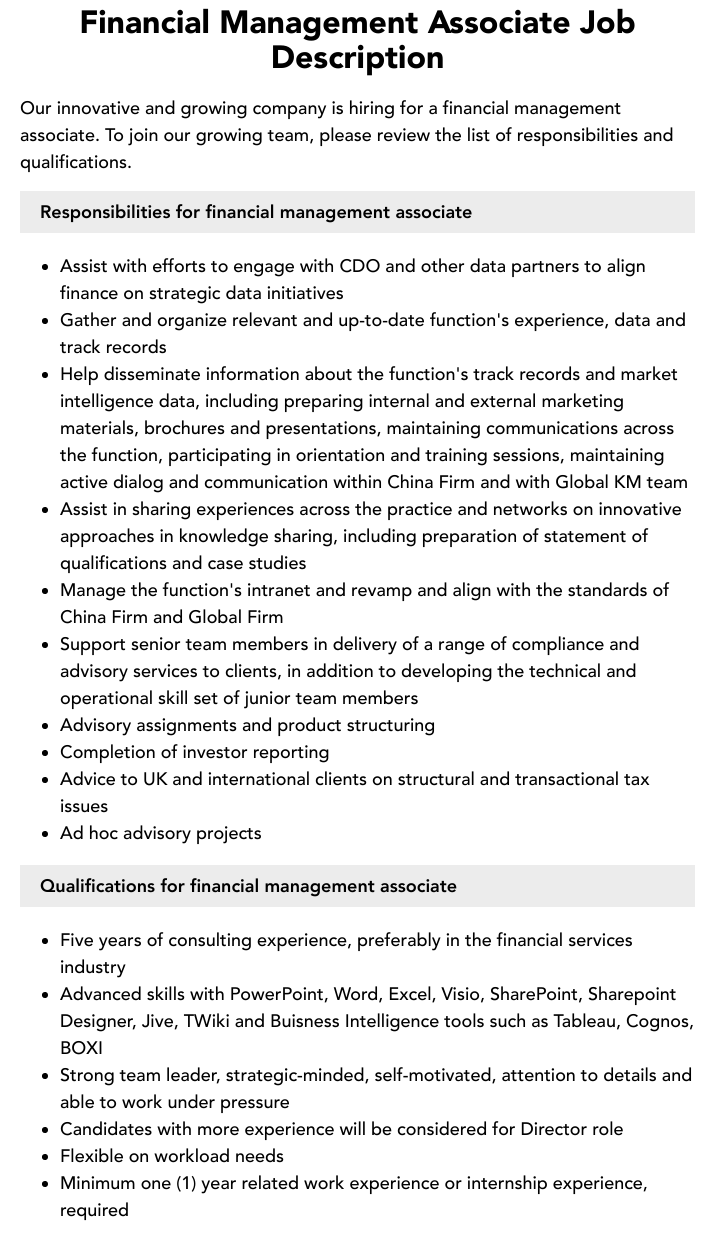 Financial Management Associate Job Description Velvet Jobs