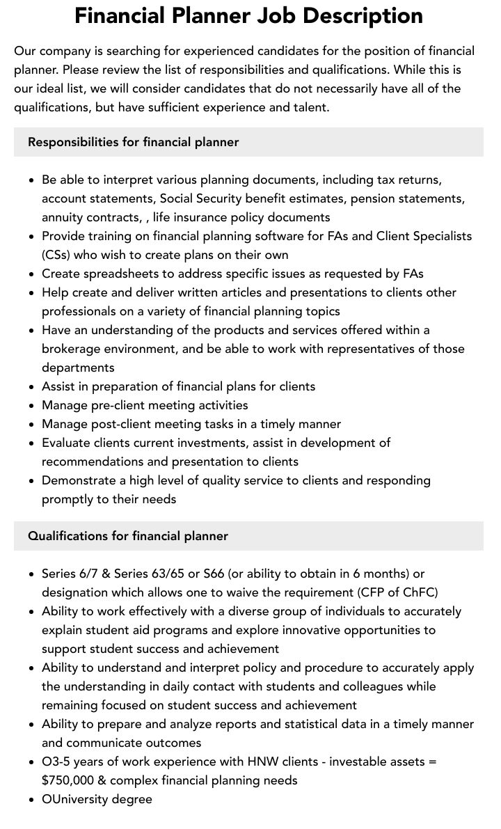 Financial Planner Job Description Velvet Jobs