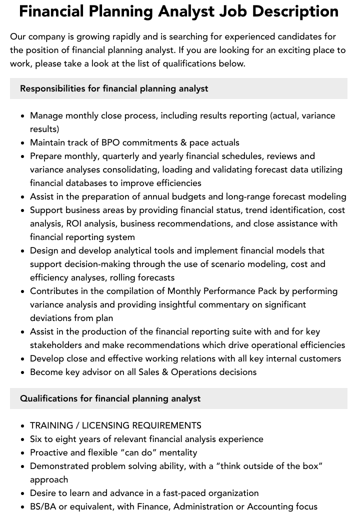 Financial Planning Analyst Job Description Velvet Jobs Financial Planning Analyst Job Description Velvet Jobs