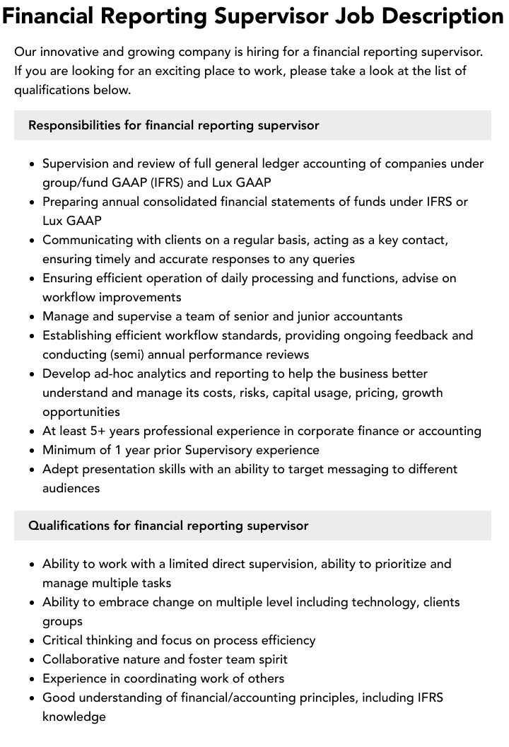 Financial Reporting Supervisor Job Description Velvet Jobs Financial Reporting Supervisor Job Description Velvet Jobs