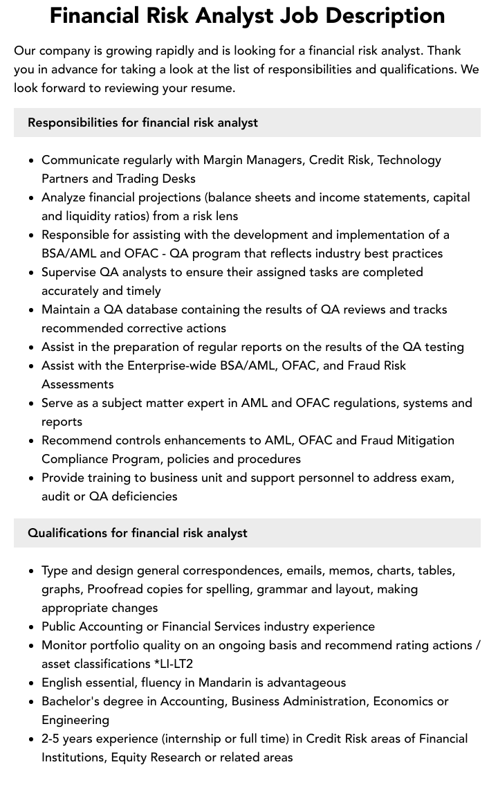 Financial Risk Analyst Job Description Velvet Jobs