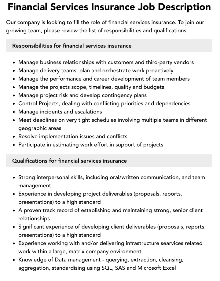 Financial Services Insurance Job Description Velvet Jobs
