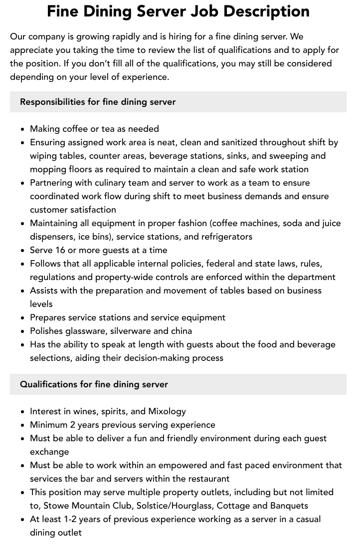 Fine Dining Server Job Description Velvet Jobs