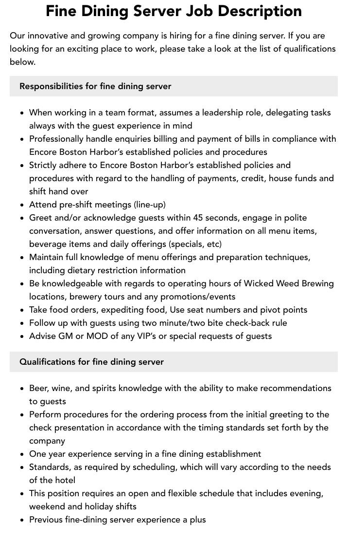 Fine Dining Server Job Description Velvet Jobs