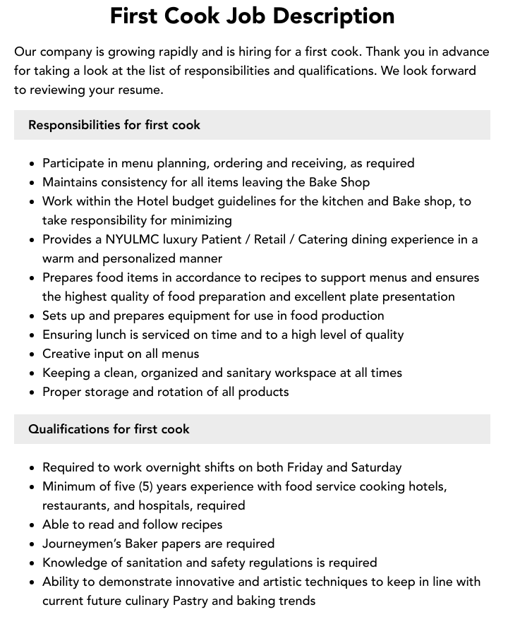 First Cook Job Description Velvet Jobs