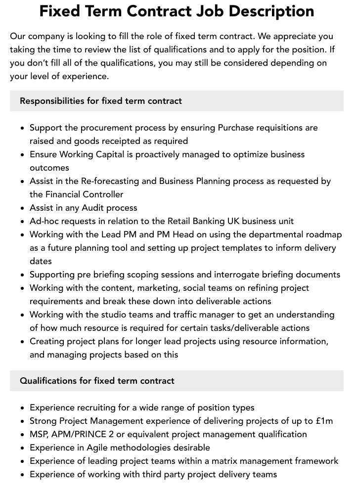 Fixed Term Contract Job Description Velvet Jobs