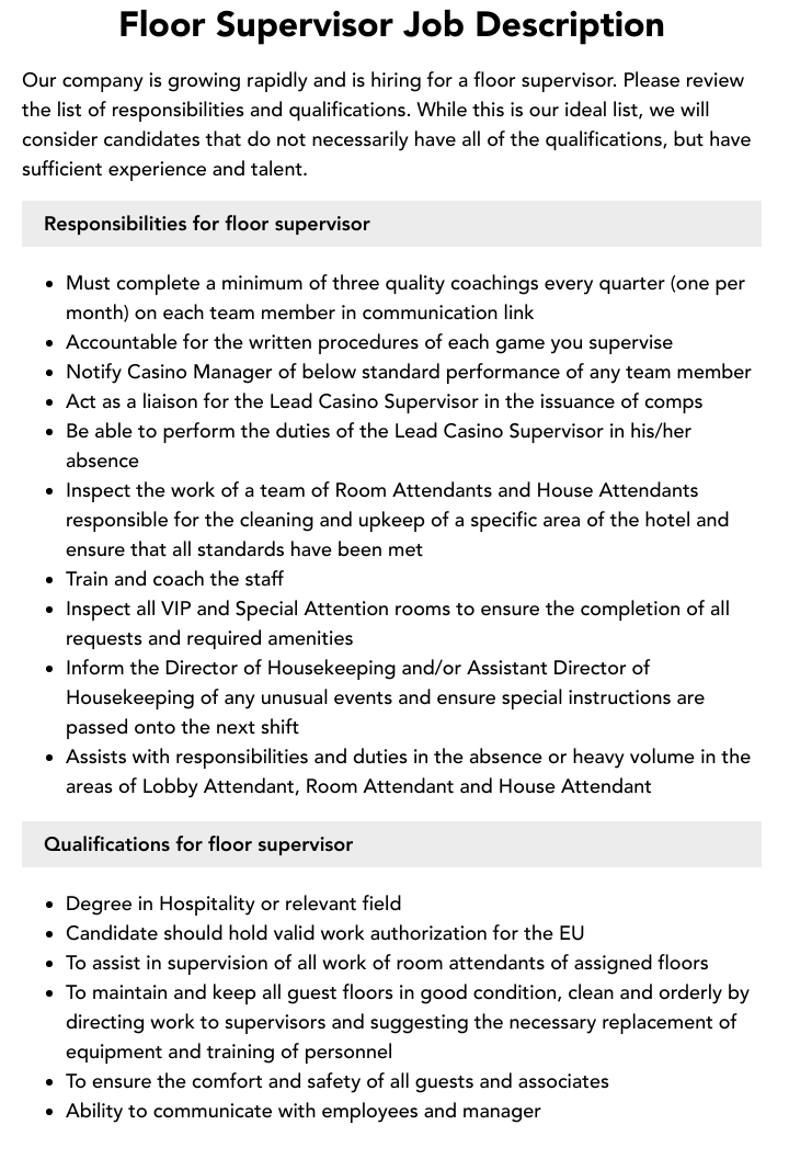 Floor Supervisor Job Description In Automobile Viewfloor co