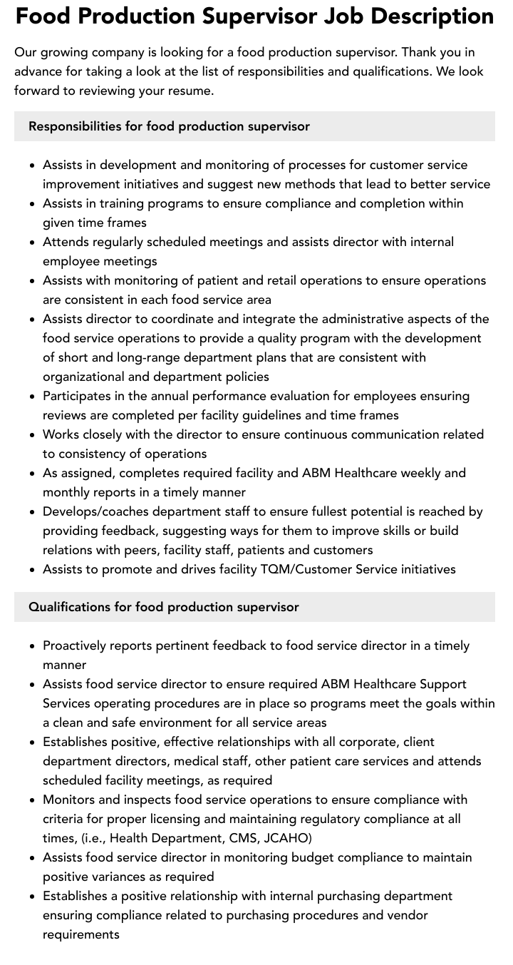 Food Production Supervisor Job Description Velvet Jobs