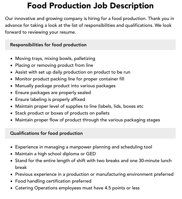 Food Production Job Description Velvet Jobs