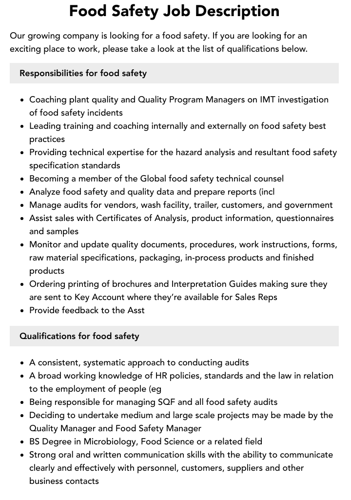 Food Safety Job Description Velvet Jobs Food Safety Job Description Velvet Jobs